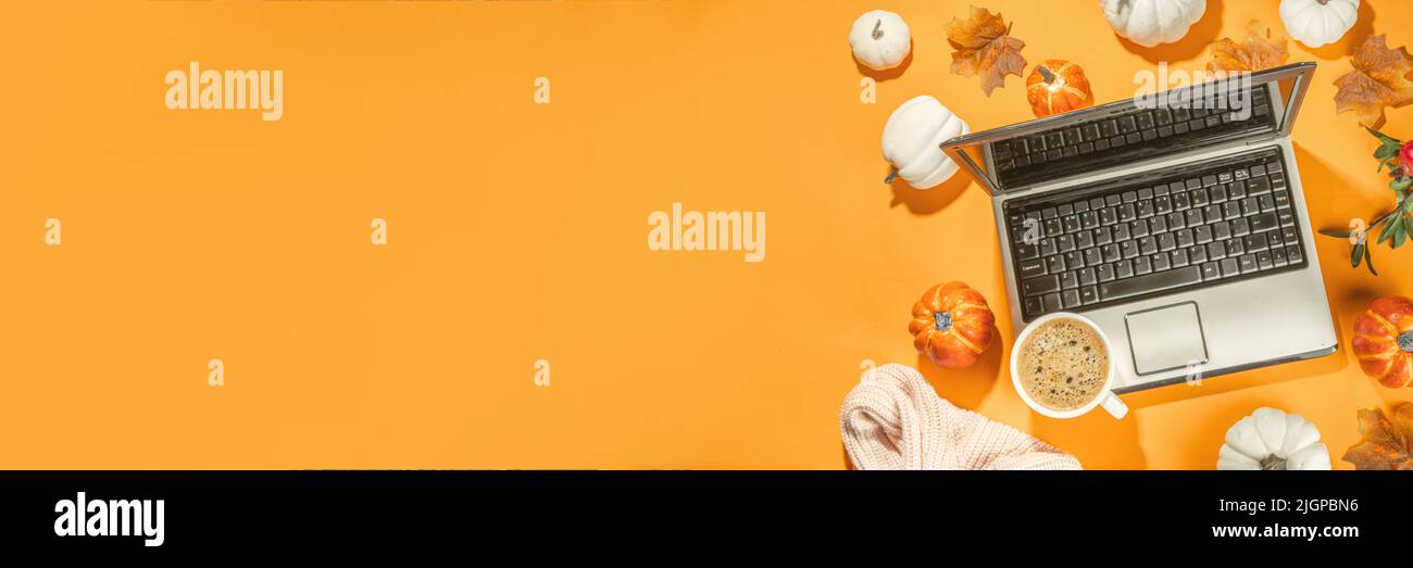 Autumn office work, education flatlay top view copy space. Cozy fall ...