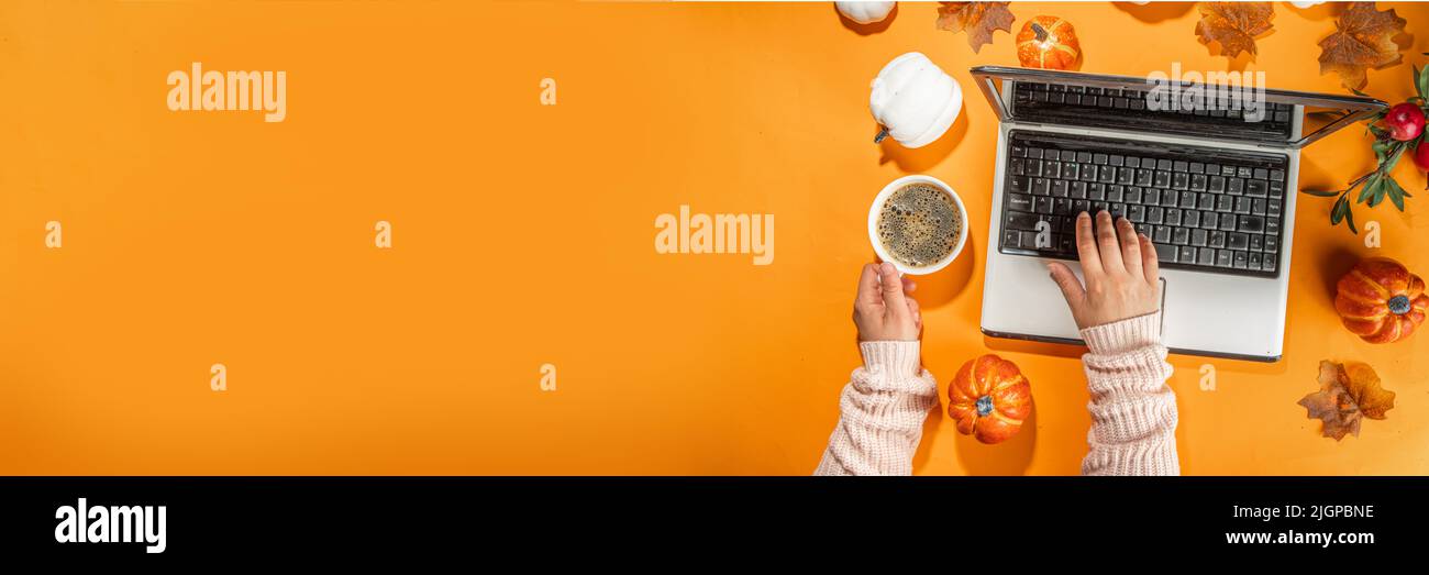 Autumn office work, education flatlay top view copy space. Cozy fall ...