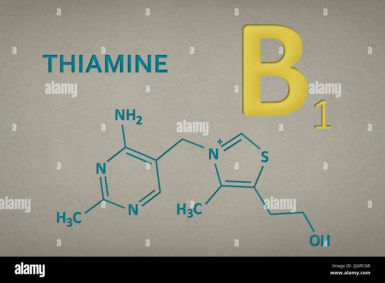Vitamin B1. Thiamine molecule on paper texture background. Skeletal ...