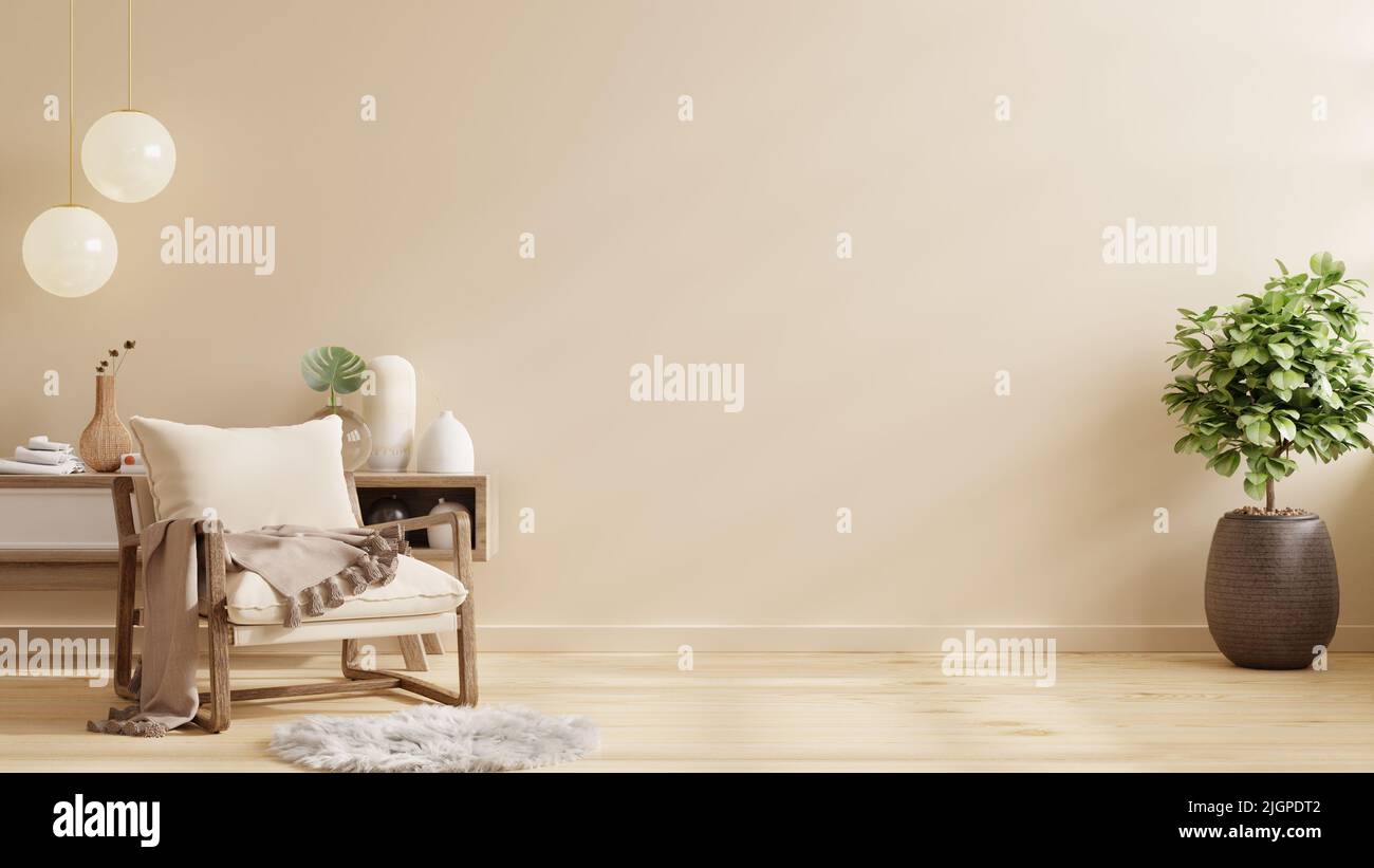 Cream color wall mock up in warm tones with armchair and decoration ...