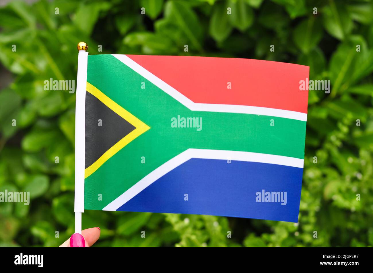 close up of national flag of south africa,red green and blue colors ...