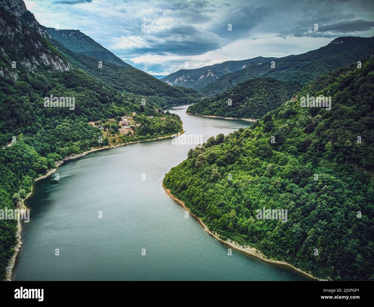 Aerial view of elongated Prisaca lake. Drone photo taken on 10th of ...