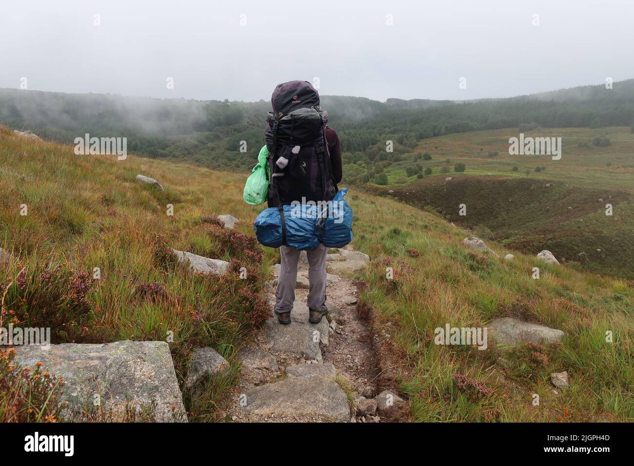 Solo Backpacker hiking with a big backpack. Arran Coastal Way. Isle of ...