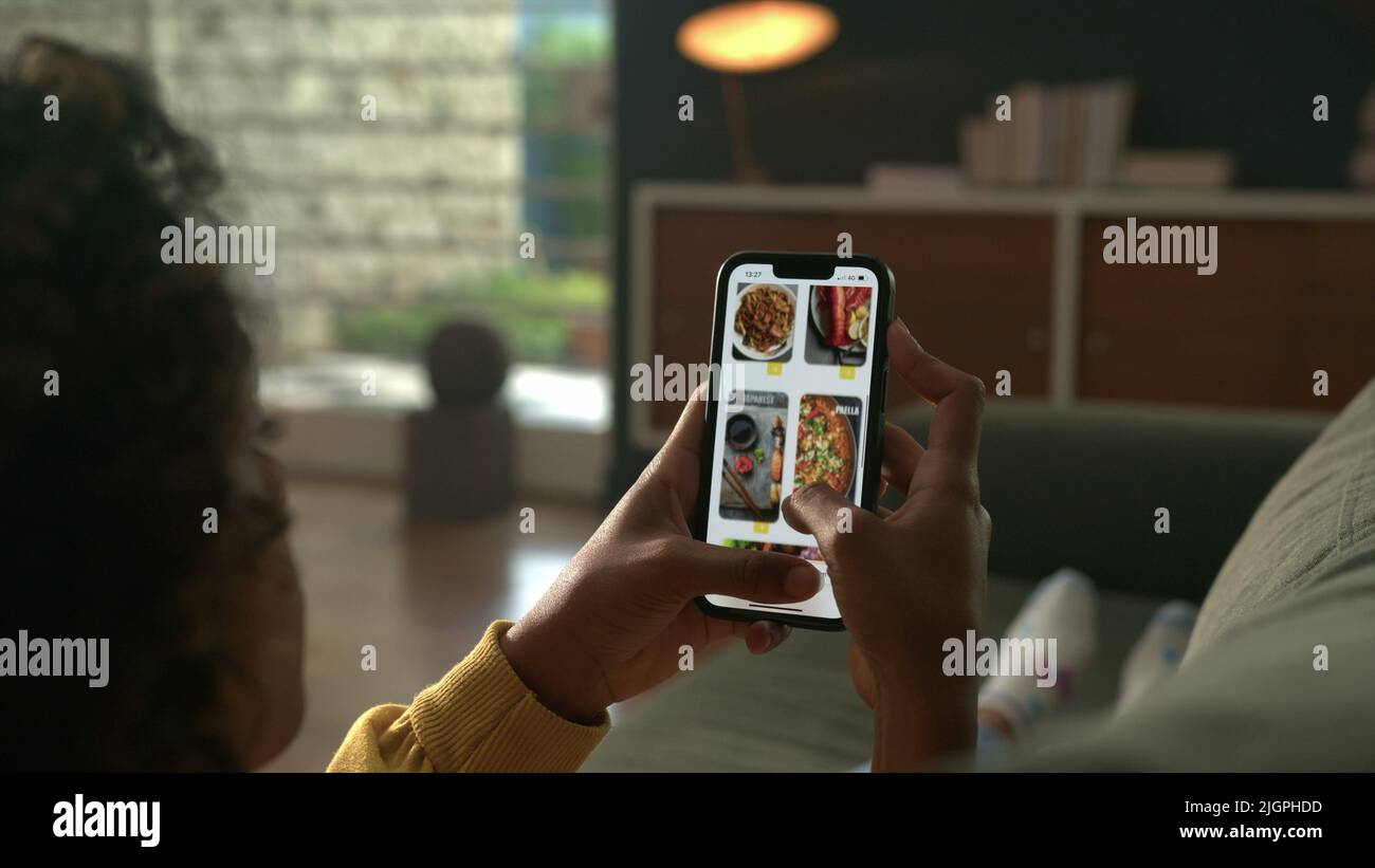 Person Using Online Delivery menu phone. Woman Orders at Food Home In ...