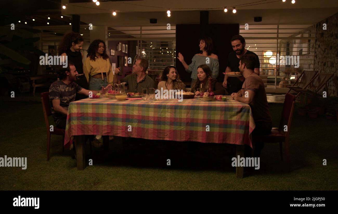 Group of happy people together at night in home backyard laughing and ...