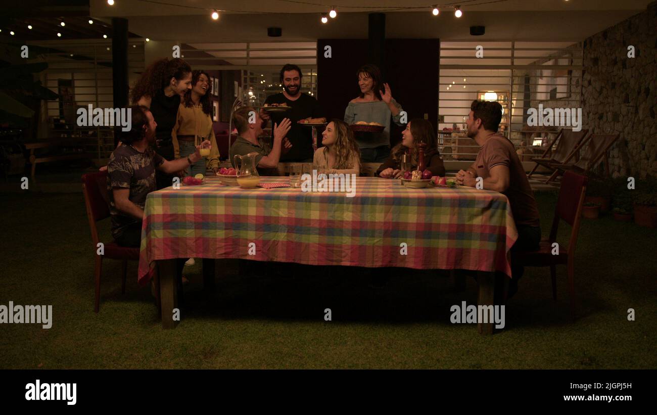 Group of happy people together at night in home backyard laughing and ...