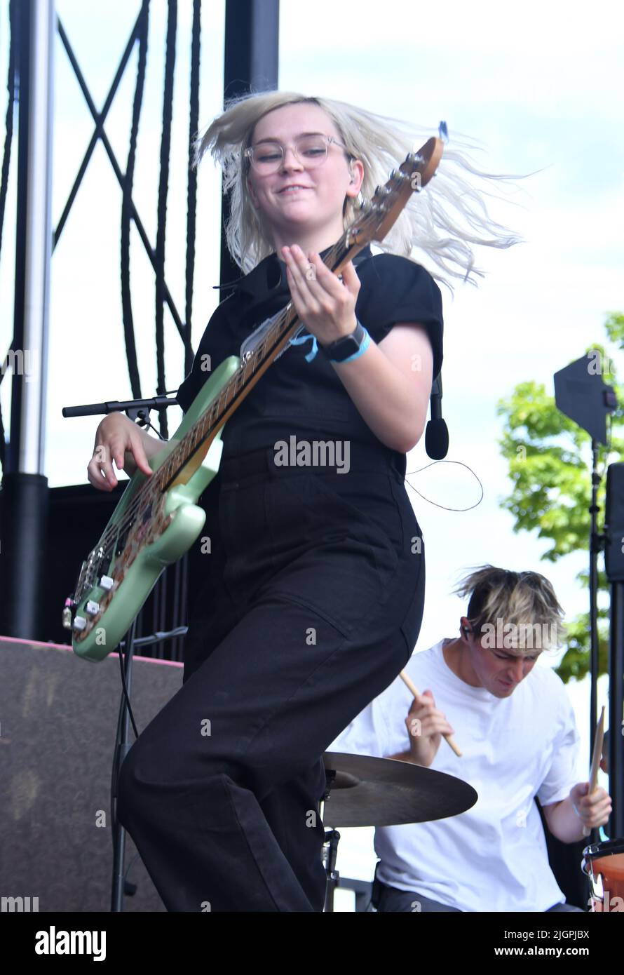 Bass guitarist Madeline Jarman is shown performing on stage during a ...