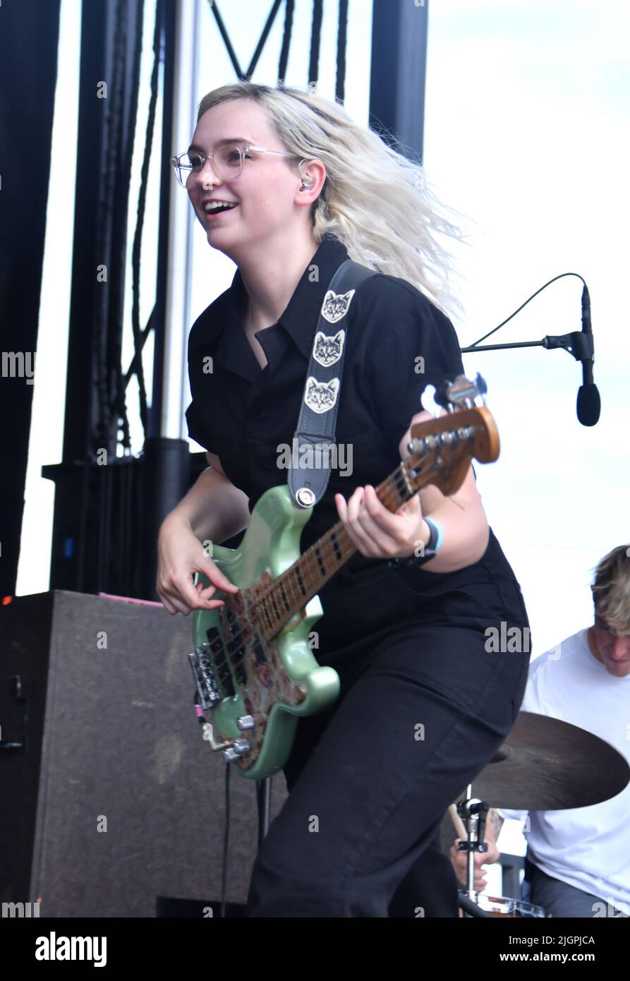 Bass guitarist Madeline Jarman is shown performing on stage during a ...