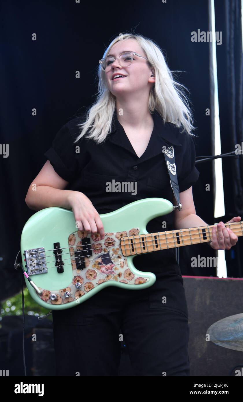 Bass guitarist Madeline Jarman is shown performing on stage during a ...