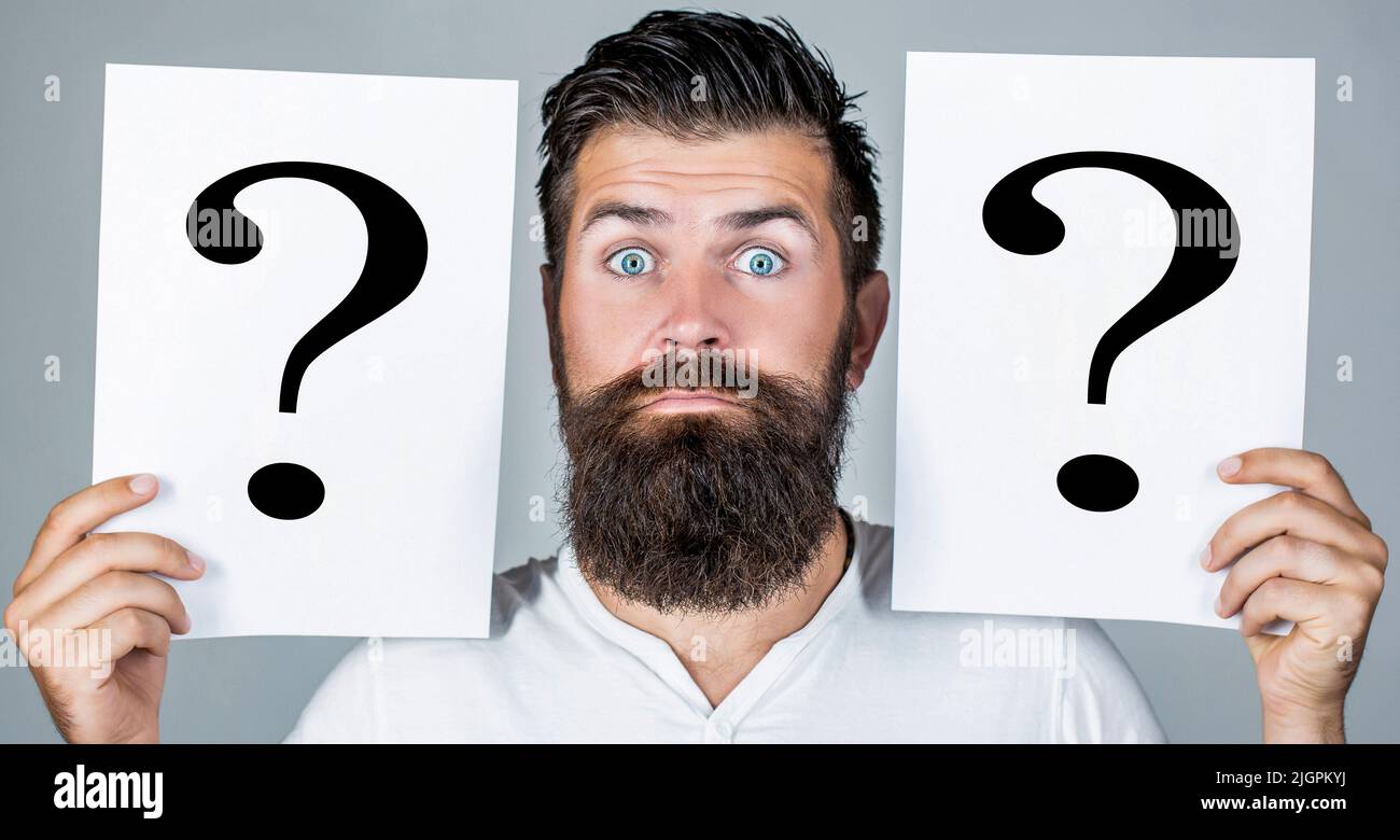 Beard man question mark, solution problems. Thinking man with question ...