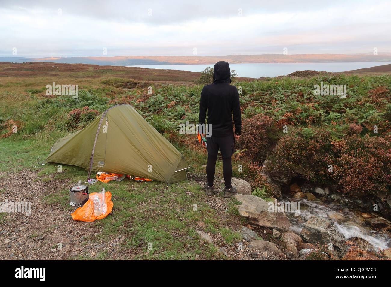 Solo Hiker wild camping in the Vango F10 Helium UL 1 Person Tent. Arran Coastal Way. Isle of ...