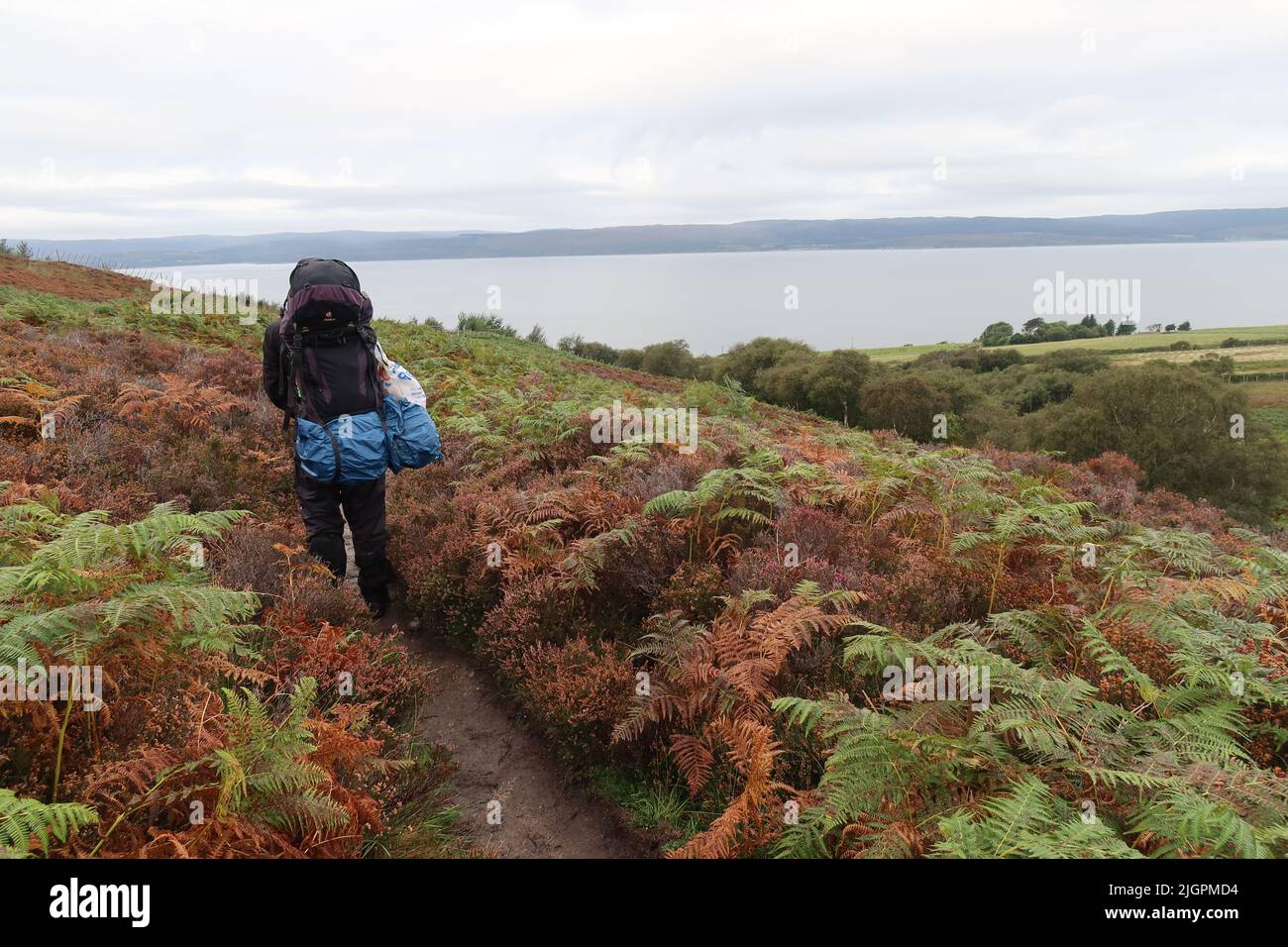 Solo Backpacker hiking with a big backpack. Arran Coastal Way. Isle of ...