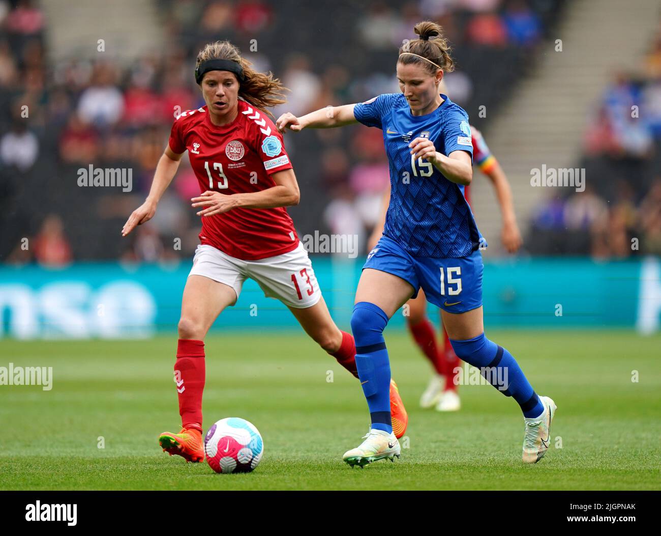 Denmark’s Sofie Junge Pedersen battles with Essi Sainio during the UEFA Women's Euro 2022 Group ...