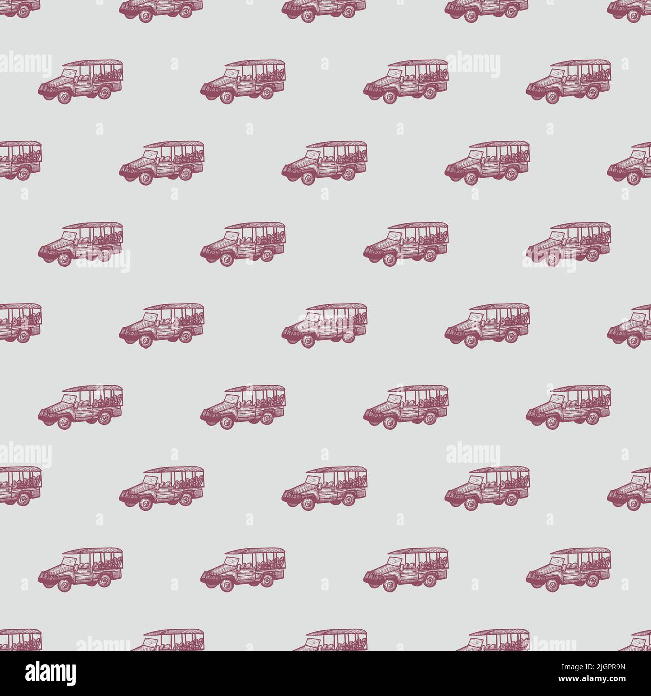 Safari bus engraved seamless pattern. Vintage adventure off road car in ...