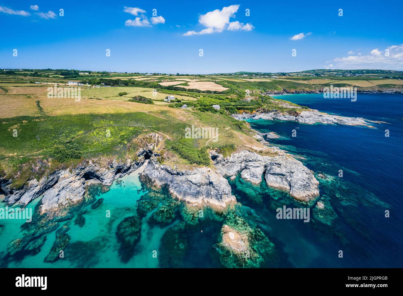 Top Down over Piskies Cove and HMS Warspite Cliffs from a drone ...