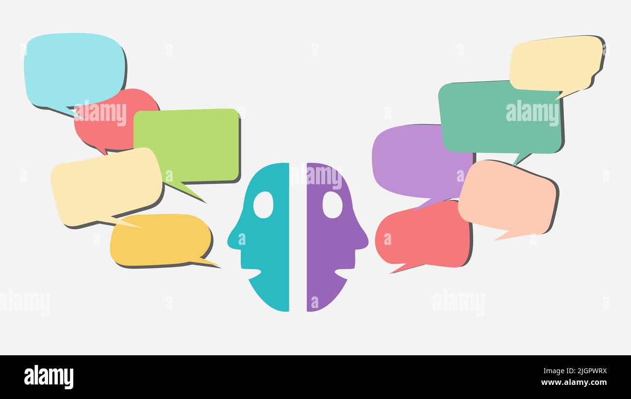 Two people faces talking between with lots of speech bubbles - stock ...