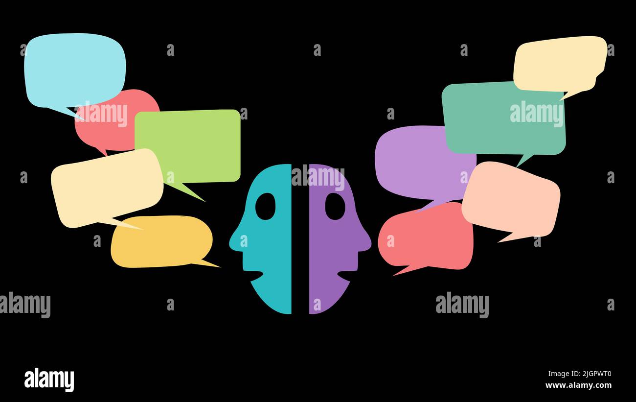 Two people faces talking between with lots of speech bubbles - stock ...