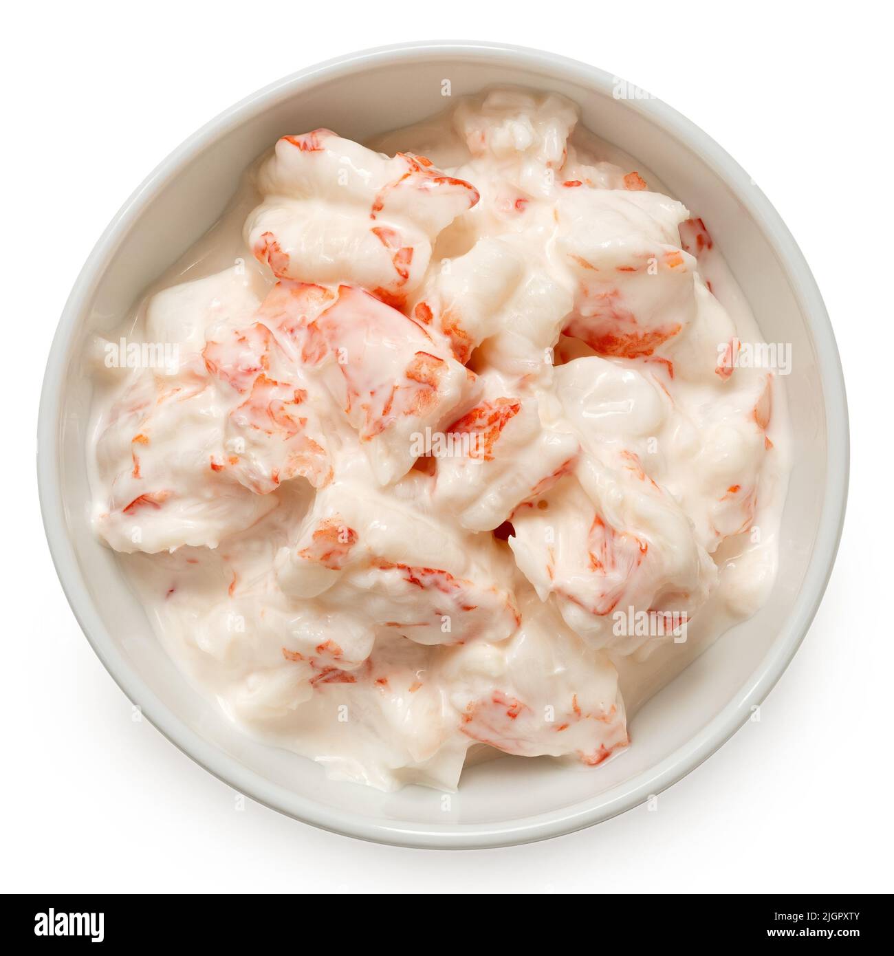 Prawn cocktail in a white ceramic bowl isolated on white. Top view ...
