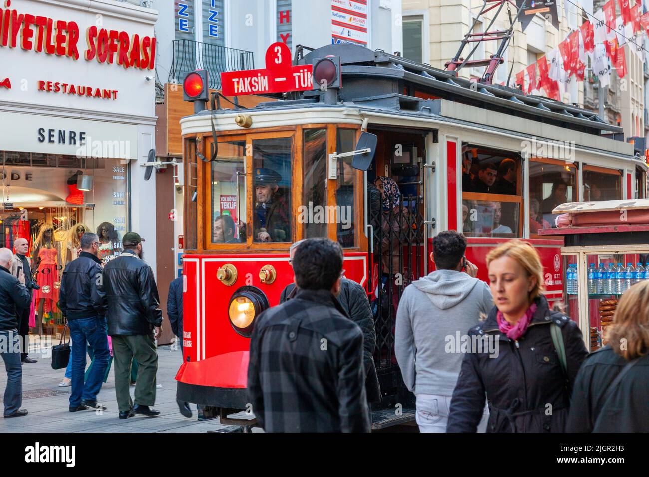 Historic Red Tram on Istiklal Caddesi, Beyoglu, Istanbul, Turkey ...