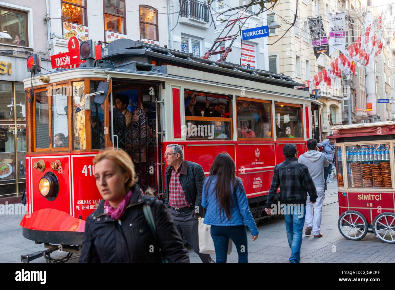 Historic Red Tram on Istiklal Caddesi, Beyoglu, Istanbul, Turkey ...