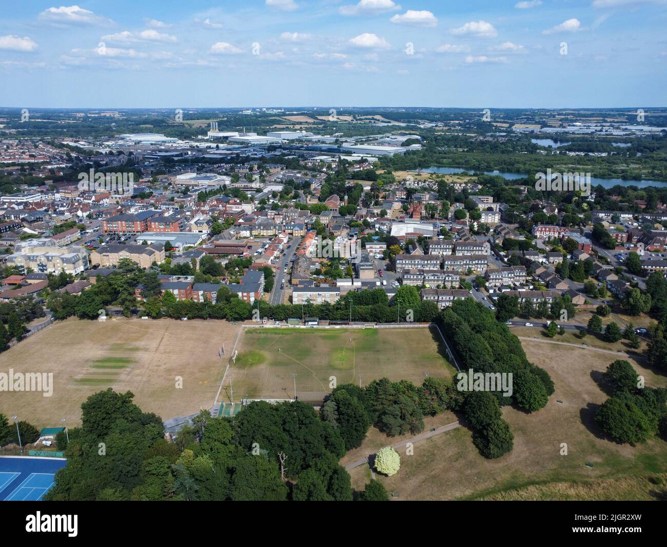Aerial view of Barcley park, football pitches, and Hoddesdon Town Stock ...