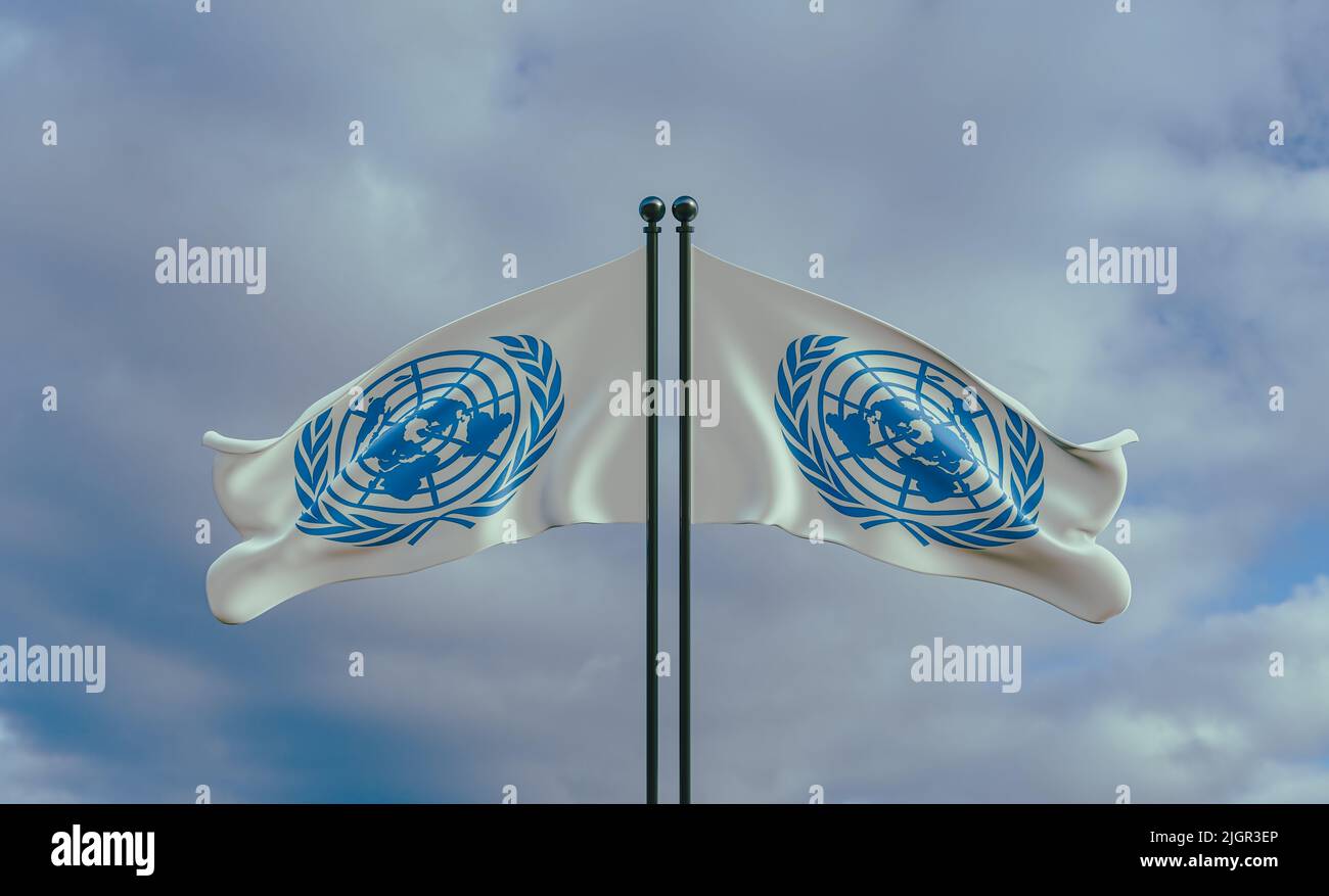 United Nations flag over blue sky, 3D work and 3D image Stock Photo - Alamy