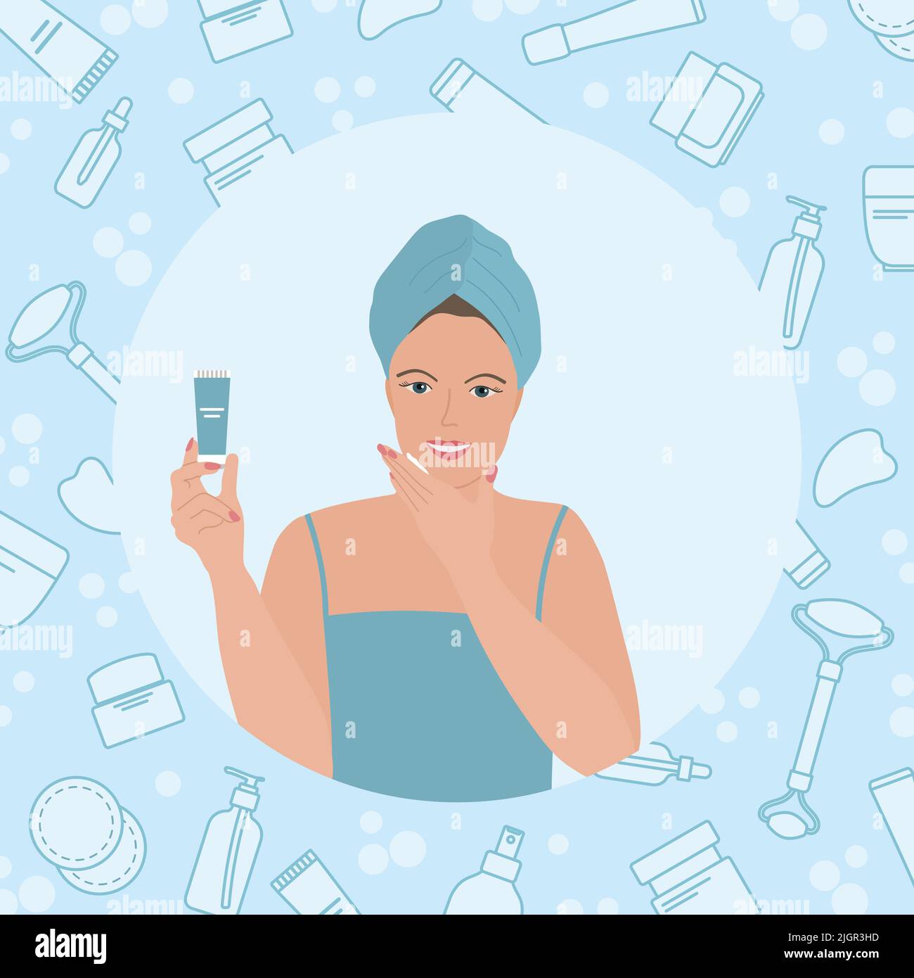 Vector illustration Woman applying moisturizing cream on face. Girl ...