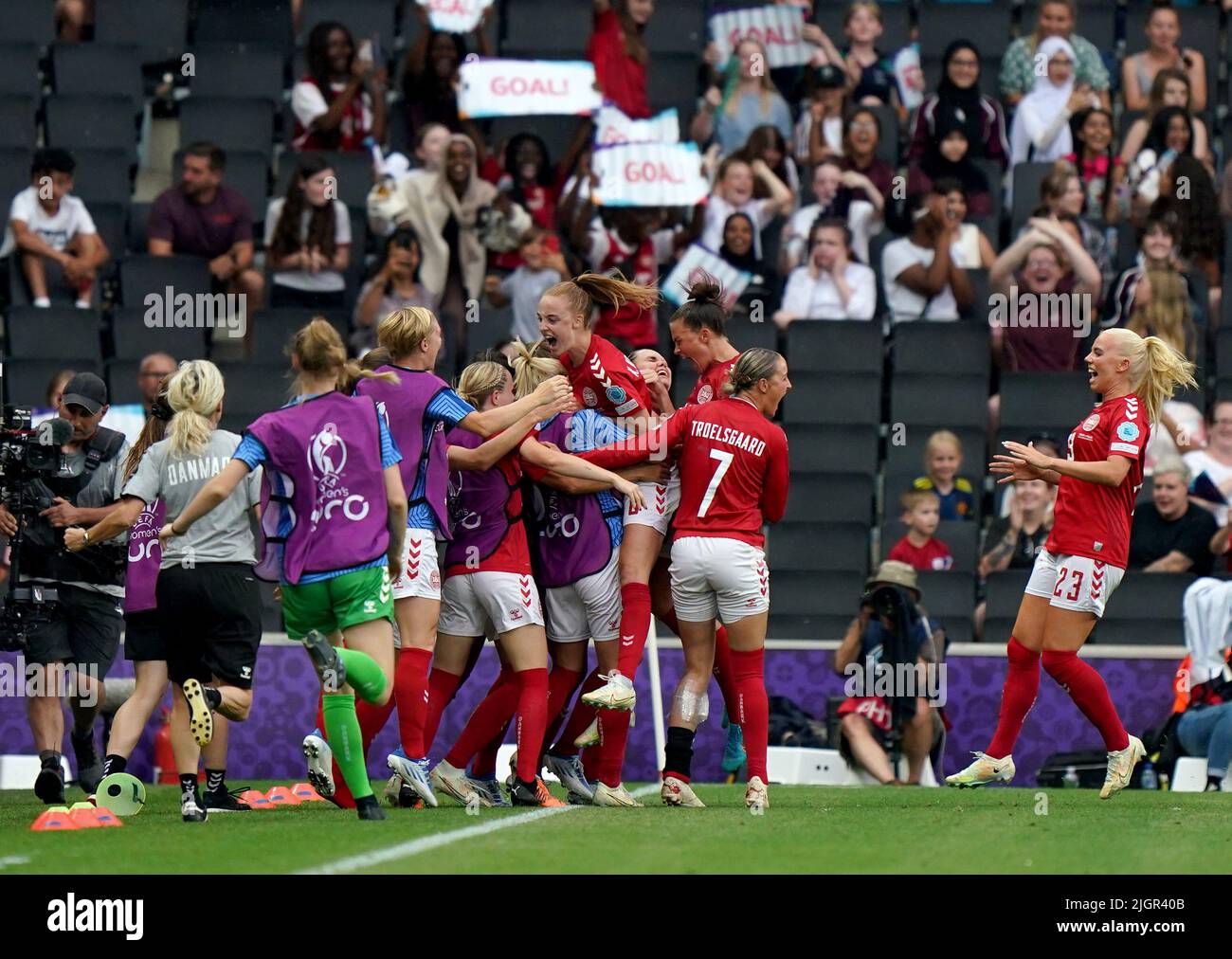 Denmark players celebrate the opening goal of Pernille Harder during the UEFA Women's Euro 2022 ...