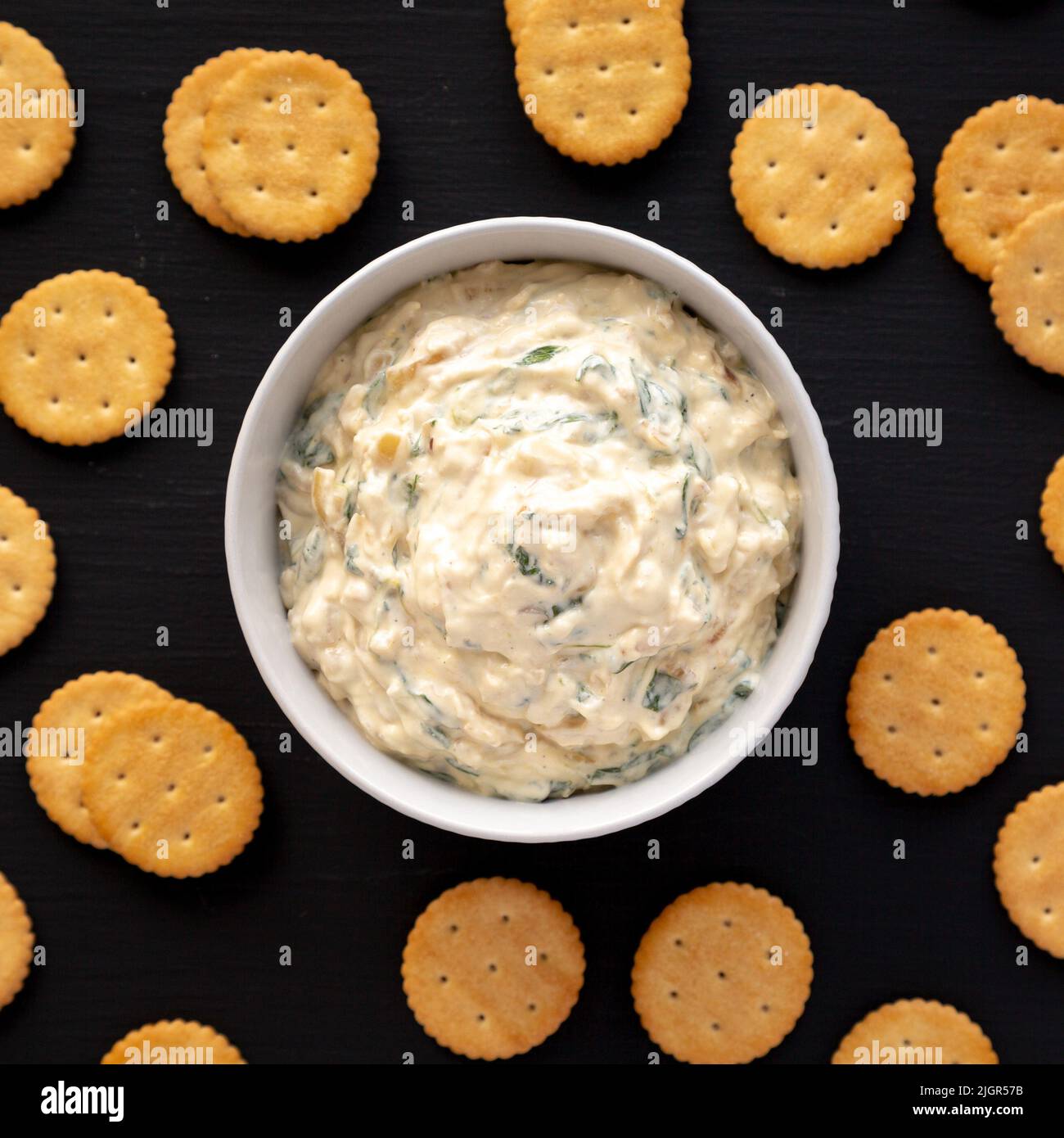 Homemade Caramelized Onion and Spinach Dip, top view. Flat lay ...