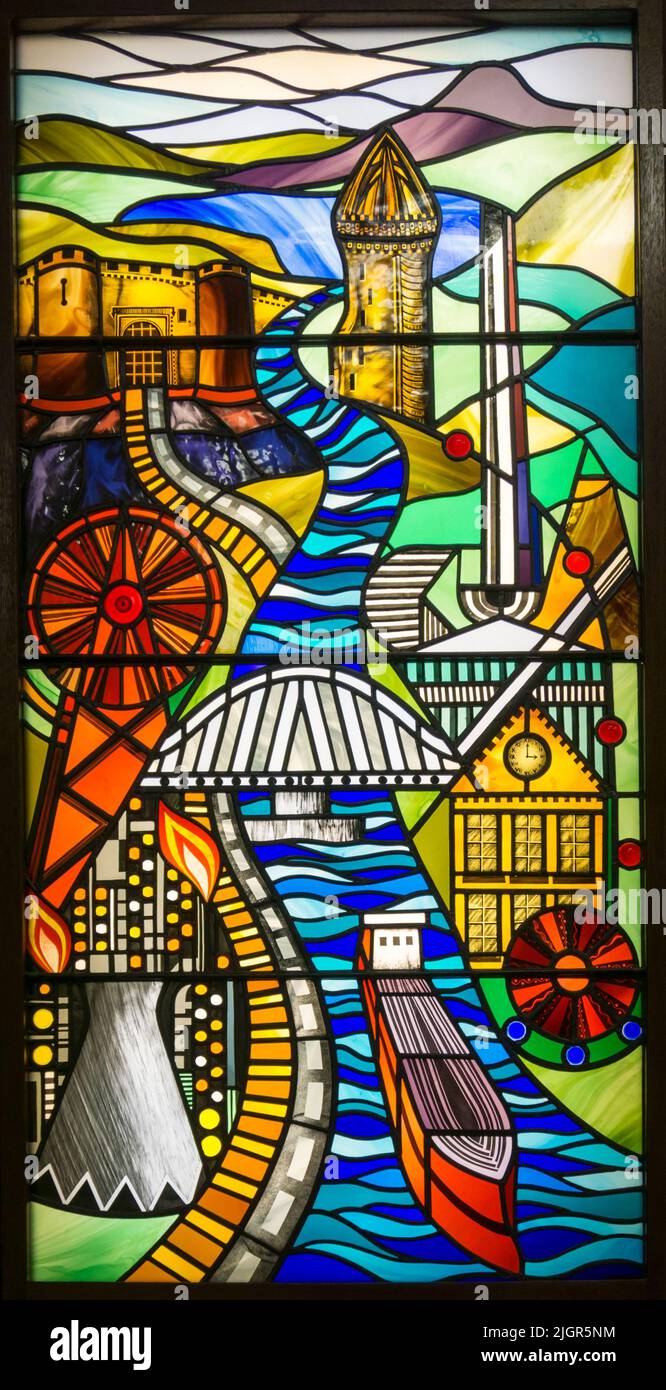 A 1988 stained glass panel in the Stirling Smith Art Gallery depicting ...