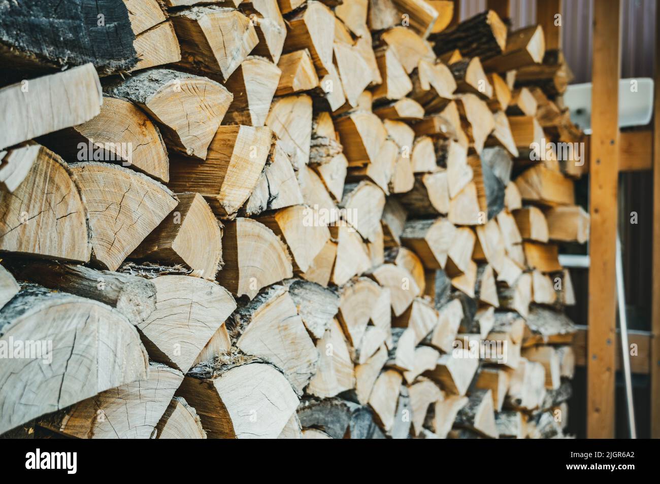 Stacked dry split wood for heating in a northern cold climate Stock ...