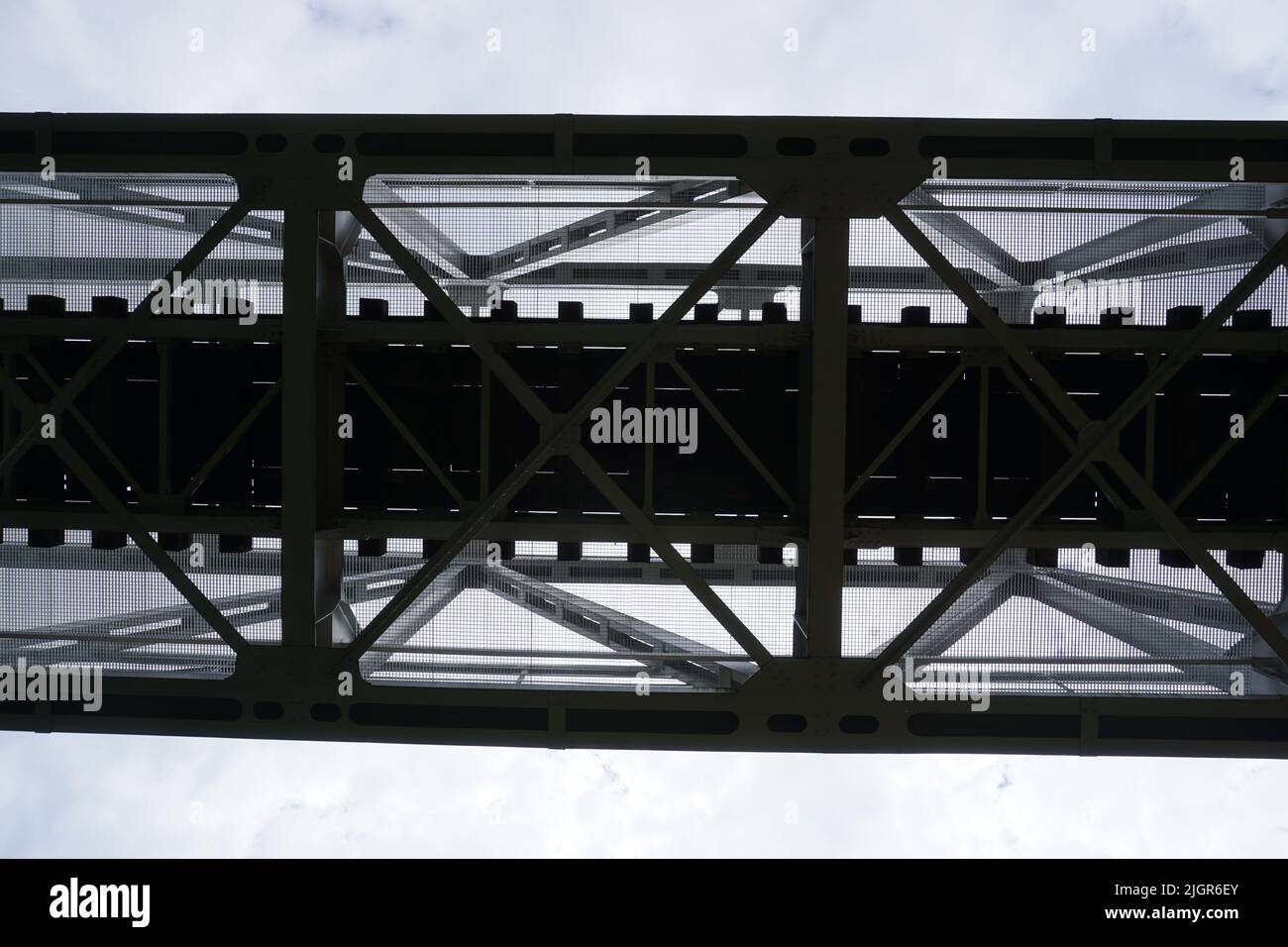 Truss train bridge - view from below Stock Photo - Alamy