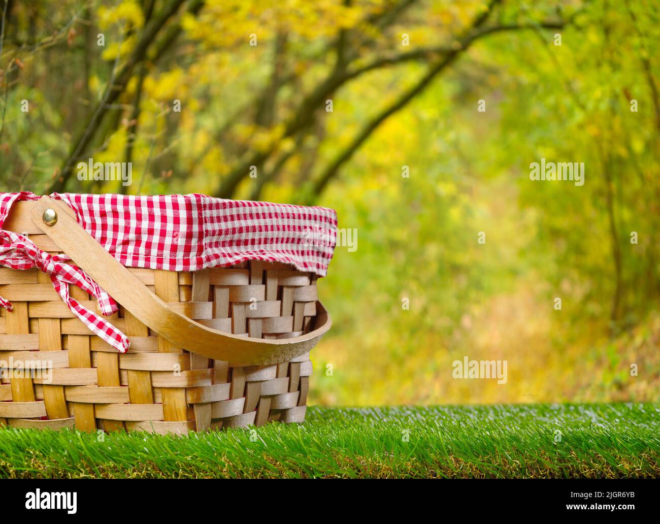 On a green lawn, a straw picnic basket against the backdrop of ...