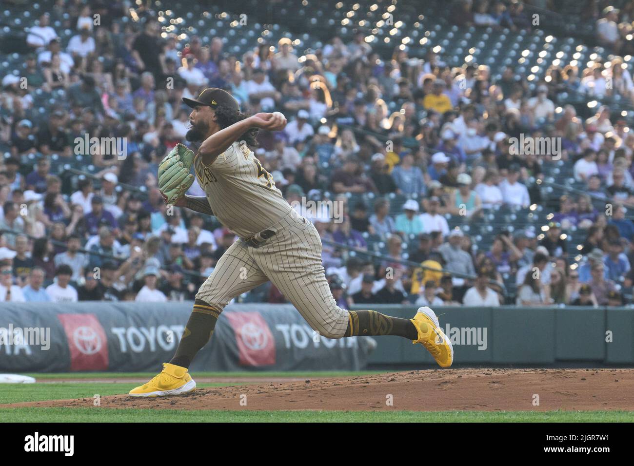 Denver CO, USA. 11th July, 2022. San Diego pitcher Sean Manaea (55 ...