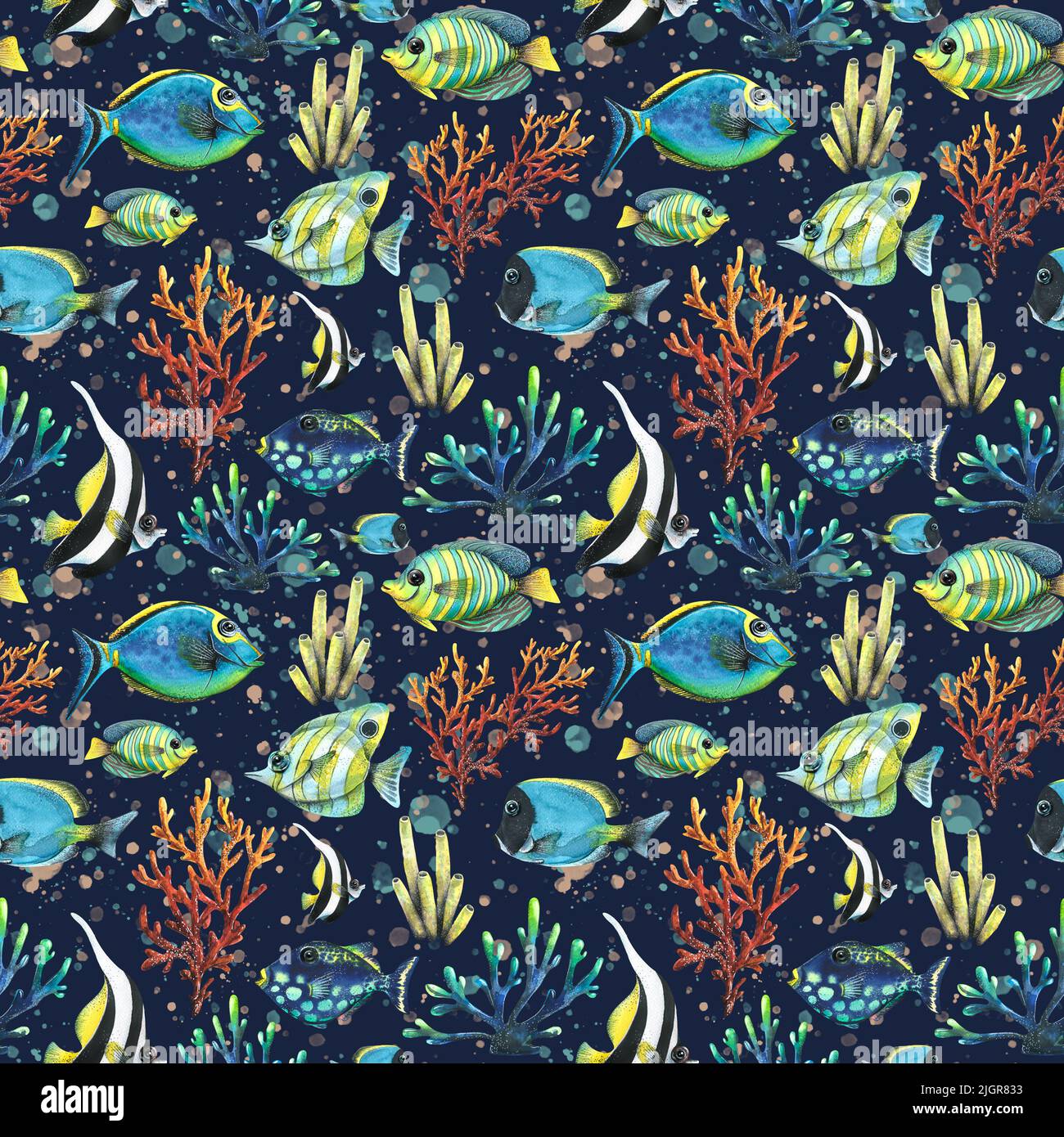 Bright tropical fish with corals. Watercolor illustration. Seamless ...