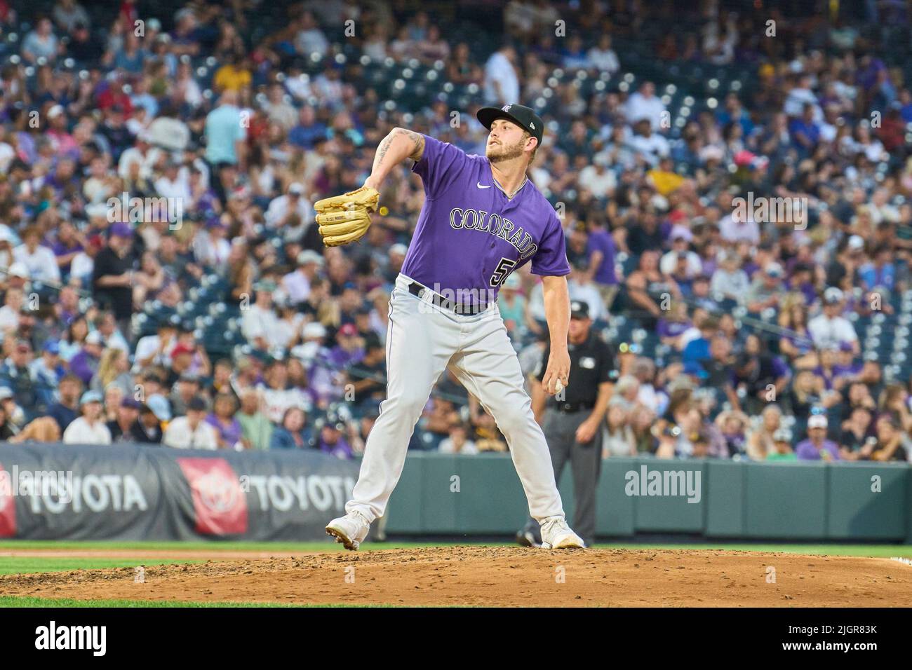 Denver CO, USA. 11th July, 2022. Colorado pitcher Lucas Gilbreath (58 ...