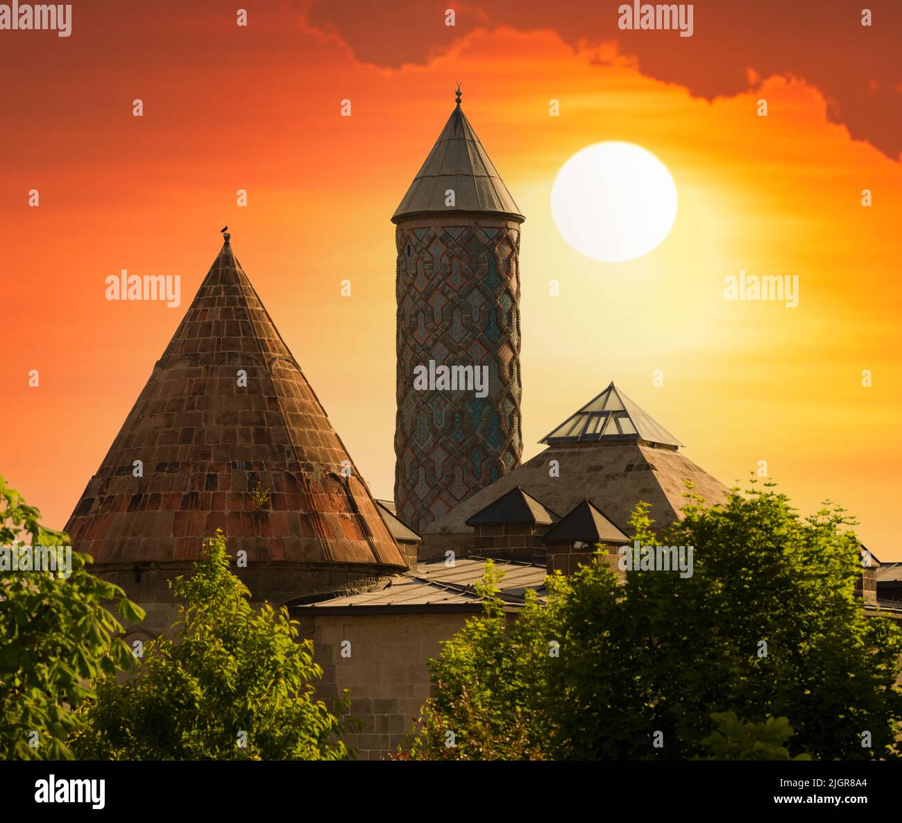 Historical Yakutiye Madrasa at sunset. The most popular historical ...