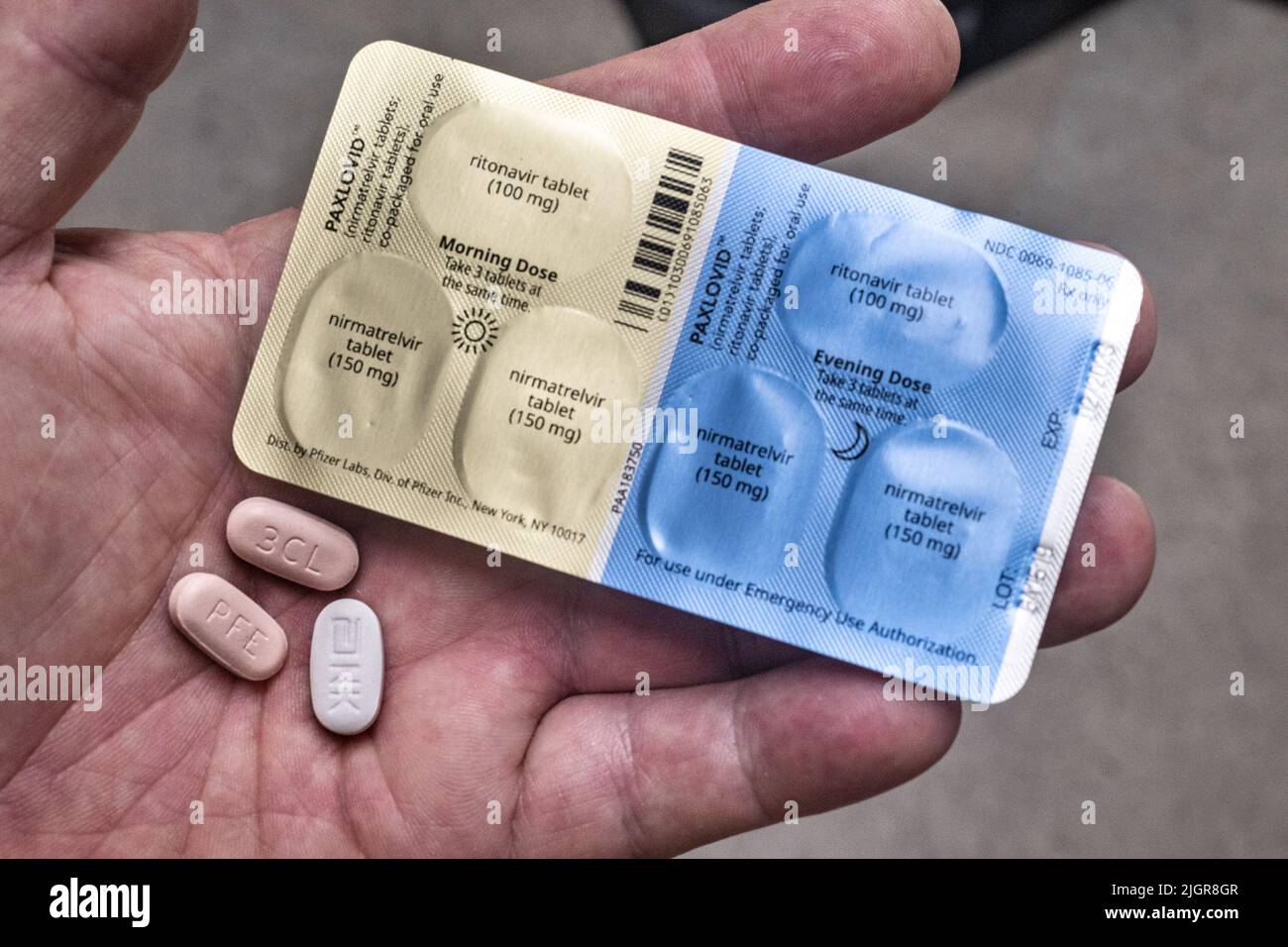 Daily dose packaging showing tablets of Pfizer Paxlovid antiviral to ...