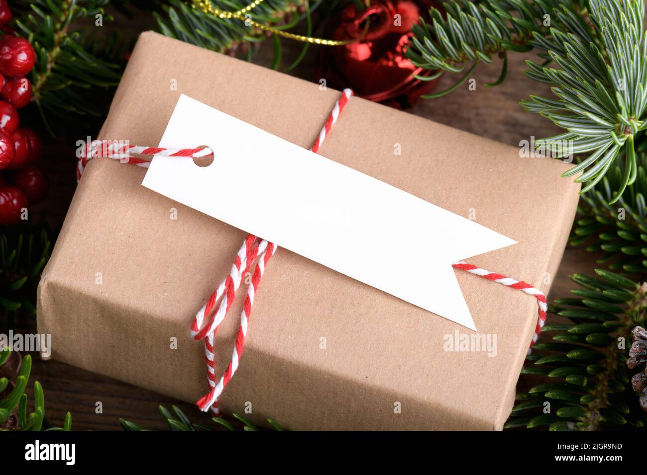 Christmas rectangle strip gift tag mockup with present box, product ...