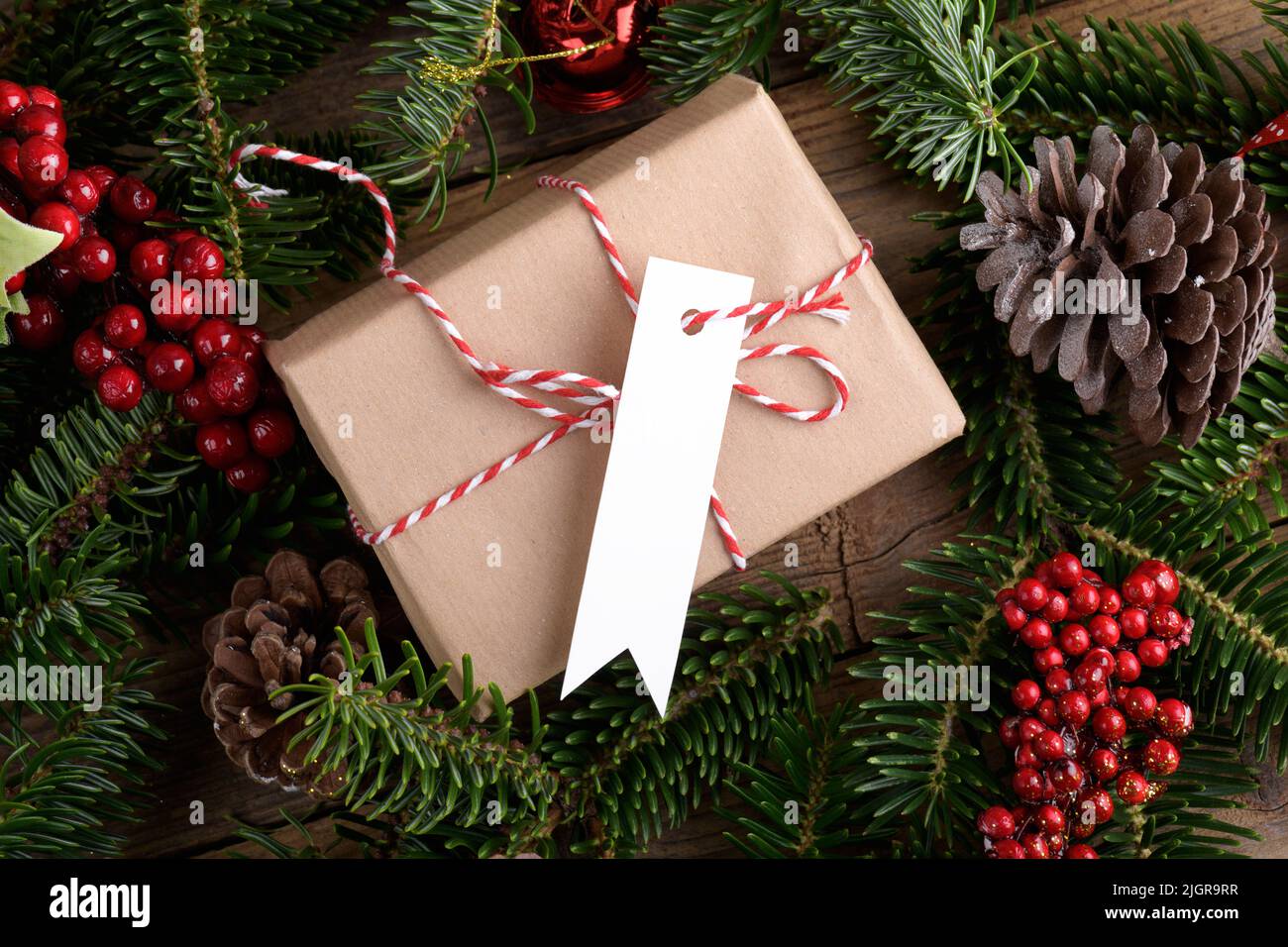 Christmas rectangle strip gift tag mockup with present box, product ...