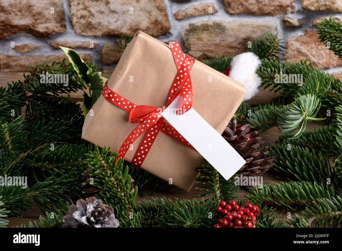 Christmas rectangle strip gift tag mockup with present box, product ...