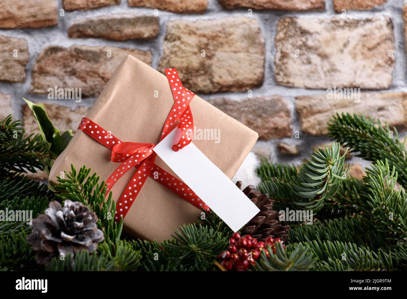 Christmas rectangle strip gift tag mockup with present box, product ...