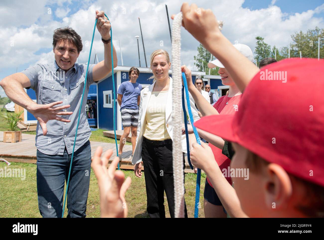 Magog, Que., Canada, July 12, 2022. Prime Minister Justin Trudeau shows ...