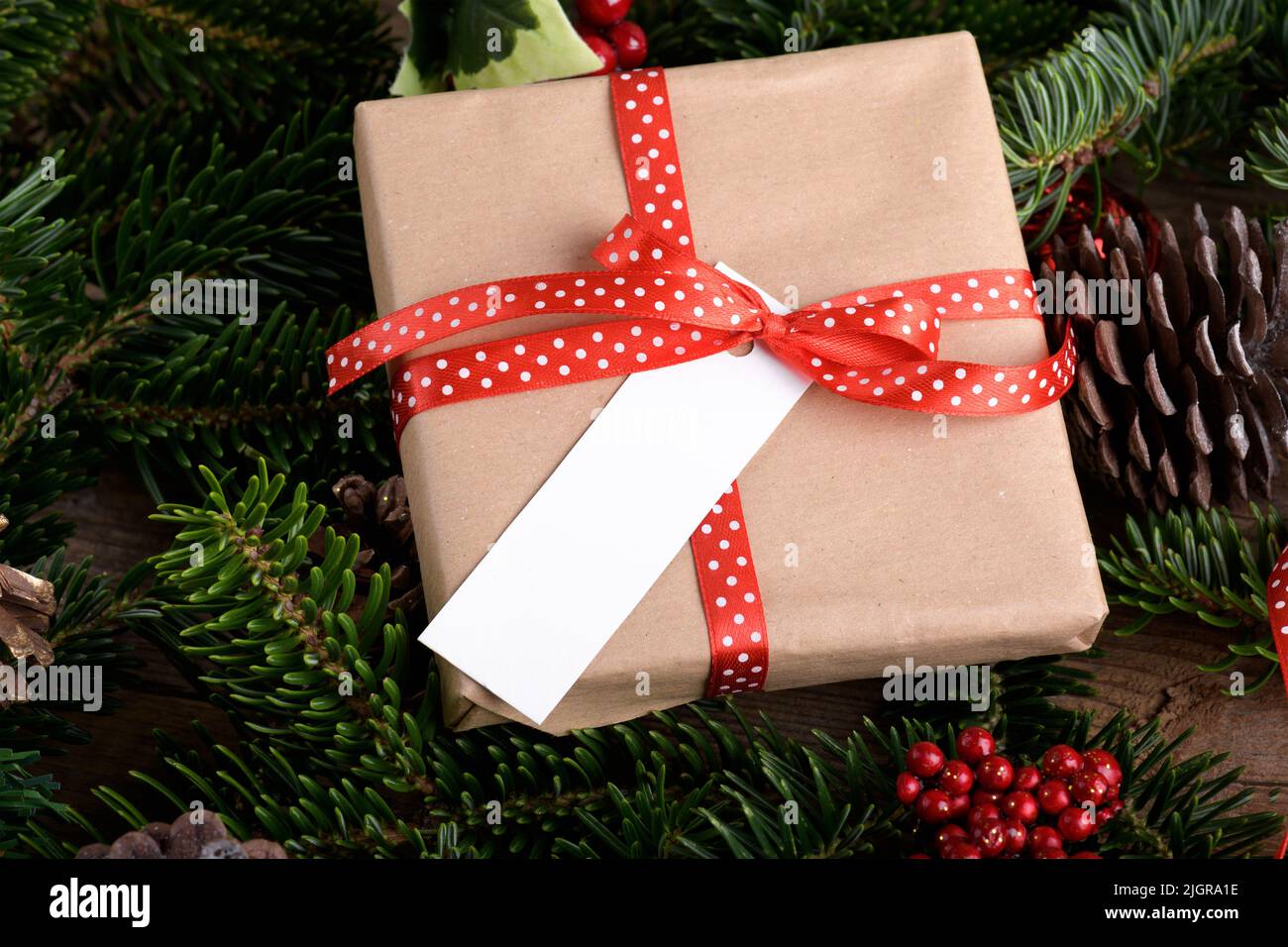 Christmas rectangle strip gift tag mockup with present box, product ...