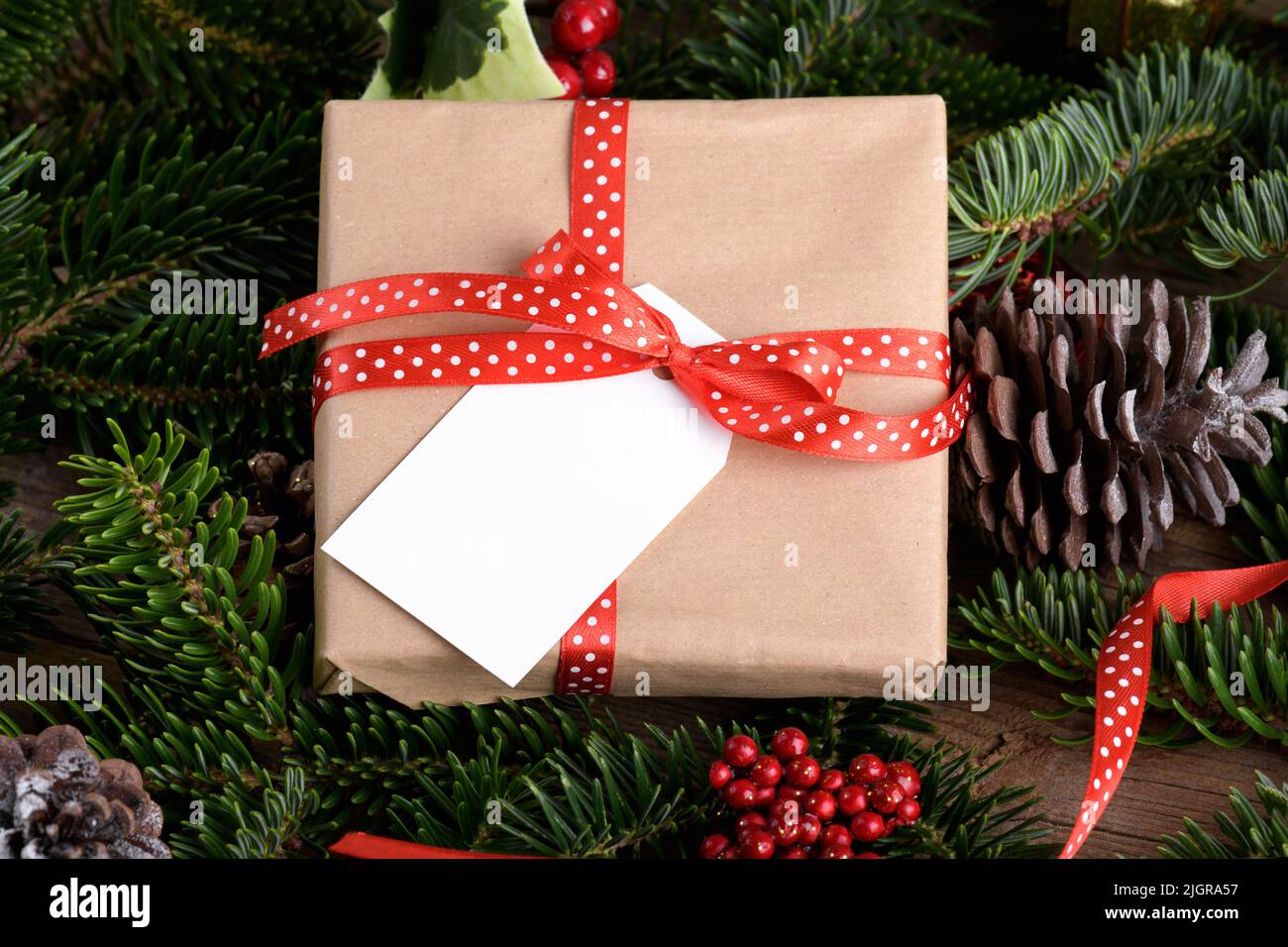 Christmas rectangle gift tag mockup with present box, product label ...
