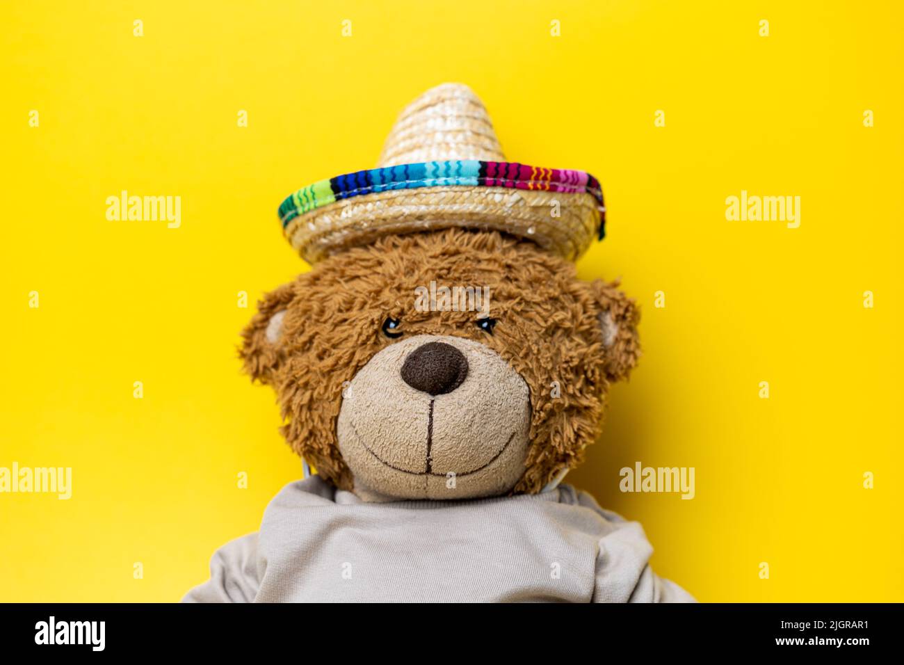 Cute teddy bear with a hat on yellow background. Adorable teddy bear ...