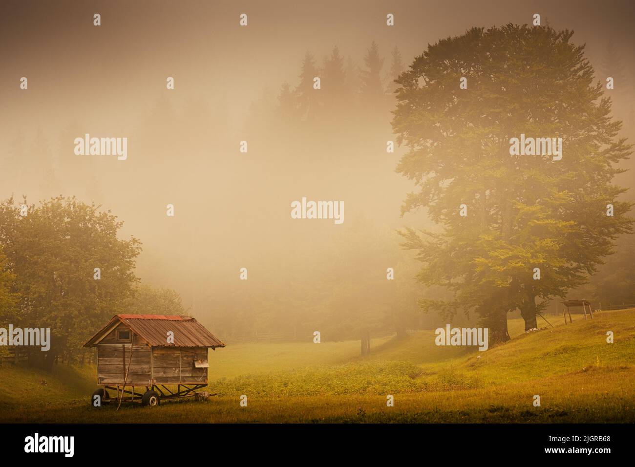 A beautiful countryside landscape with an old house in the fog Stock ...