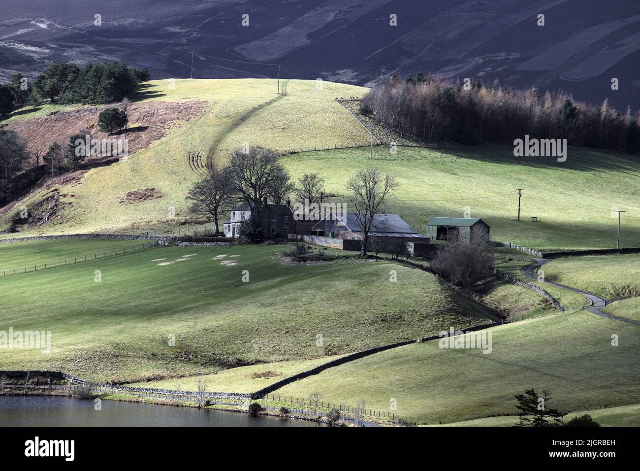 An aerial view of a beautiful farm in Penicuik region in Edinburgh ...