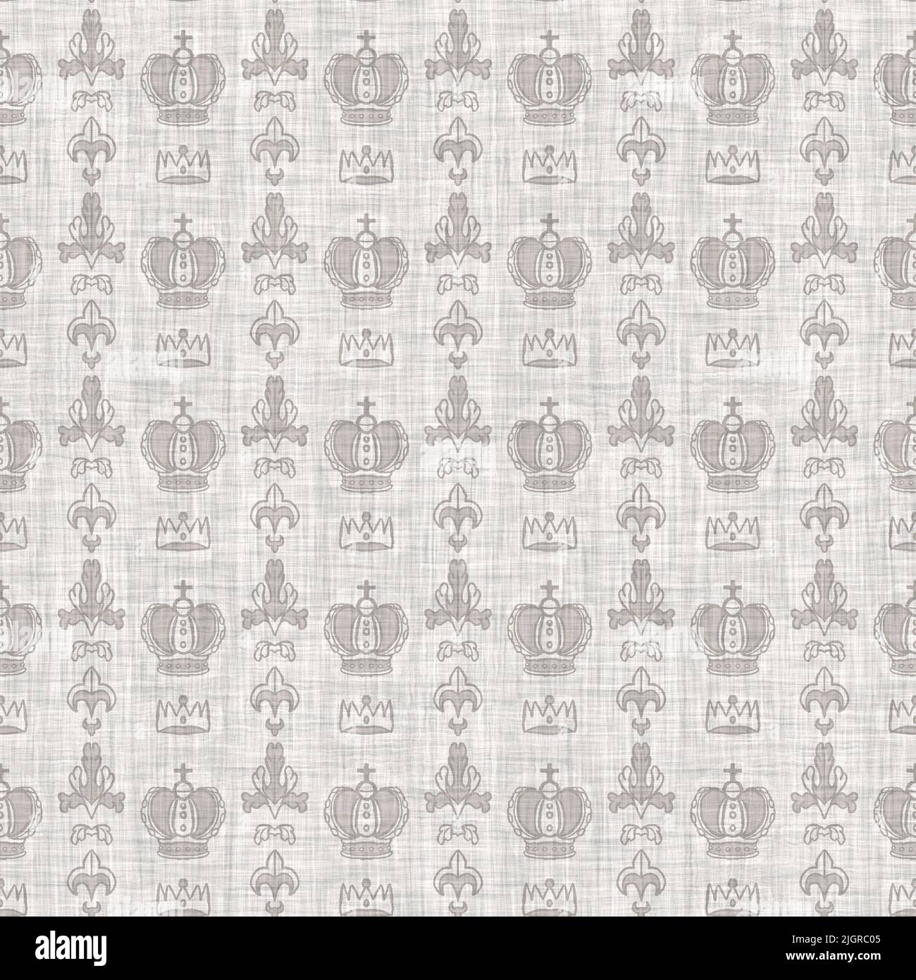 French grey crown motif seamless pattern. Tonal country cottage style ...