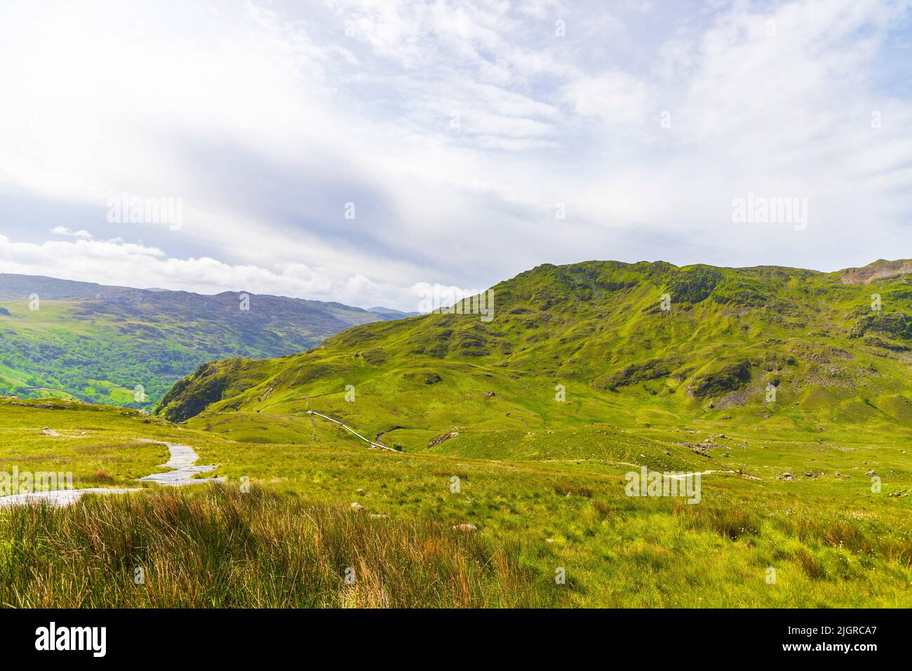 A scenic view of Snowdon mountain in Wales in cloudy sky background ...